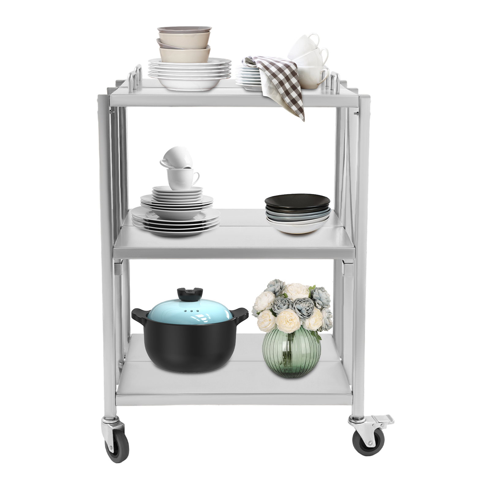 Foldable Serving Trolley 3 Shelves 40 x 58 cm 100 kg Static Load 30 kg ...