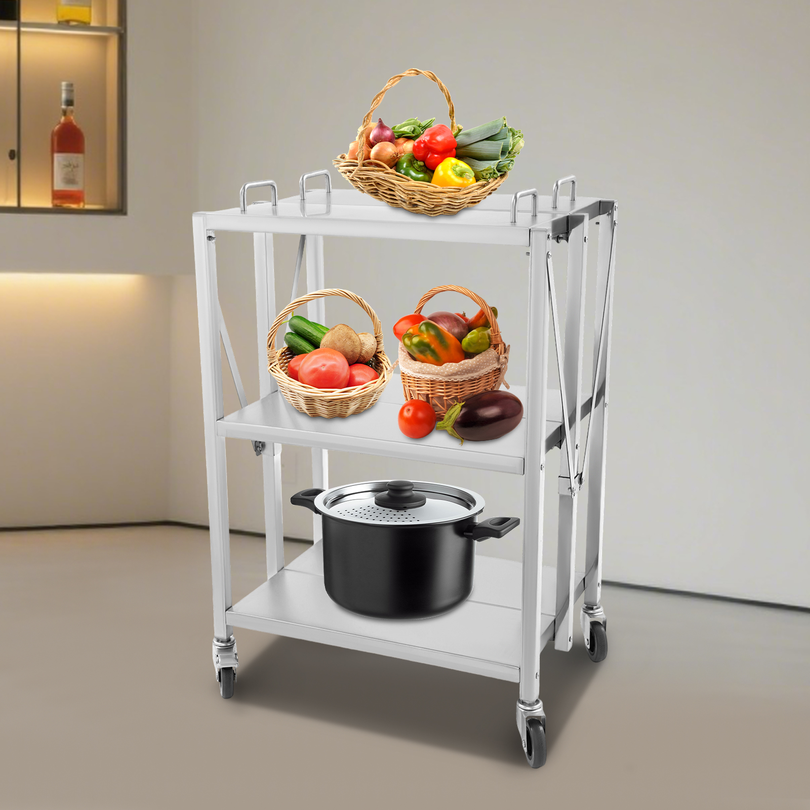 Foldable Serving Trolley 3 Shelves 40 x 58 cm 100 kg Static Load 30 kg ...